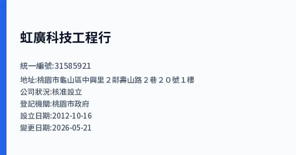 虹廣科技工程行的照片-統編 31585921(桃園市) 公司登記資料與營業項目詳細圖表