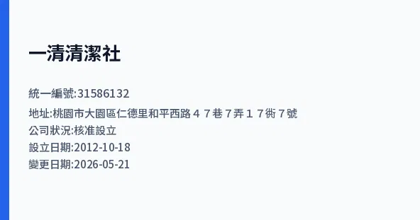 一清清潔社的照片-統編 31586132(桃園市) 公司登記資料與營業項目詳細圖表