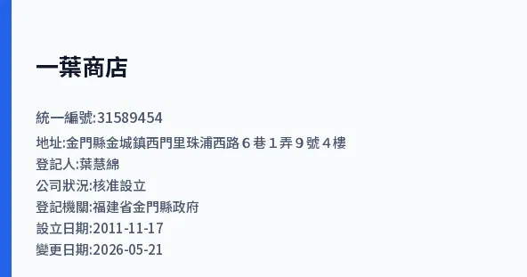 一葉商店的照片-統編 31589454(金門縣) 公司登記資料與營業項目詳細圖表