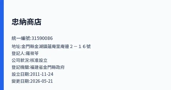 忠納商店的照片-統編 31590086(金門縣) 公司登記資料與營業項目詳細圖表