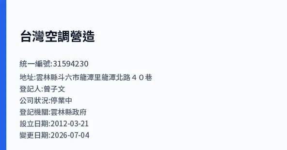 台灣空調營造的照片-統編 31594230(雲林縣) 公司登記資料與營業項目詳細圖表