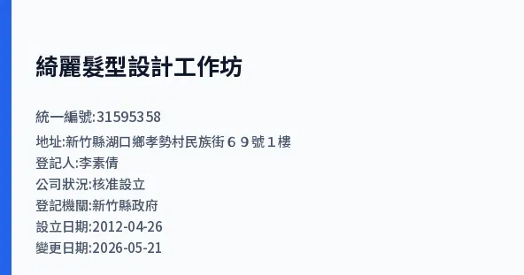綺麗髮型設計工作坊的照片-統編 31595358(新竹縣) 公司登記資料與營業項目詳細圖表