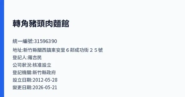 轉角豬頭肉麵館的照片-統編 31596390(新竹縣) 公司登記資料與營業項目詳細圖表