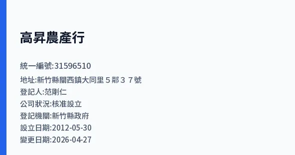 高昇農產行的照片-統編 31596510(新竹縣) 公司登記資料與營業項目詳細圖表