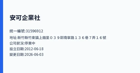 安可企業社的照片-統編 31596912(新竹縣) 公司登記資料與營業項目詳細圖表