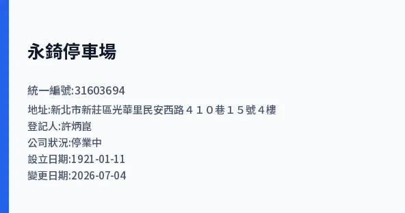 永錡停車場的照片-統編 31603694(新北市) 公司登記資料與營業項目詳細圖表