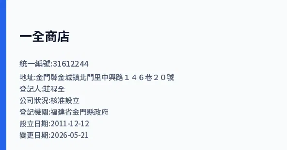一全商店的照片-統編 31612244(金門縣) 公司登記資料與營業項目詳細圖表
