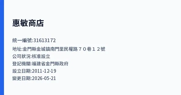 惠敏商店的照片-統編 31613172(金門縣) 公司登記資料與營業項目詳細圖表