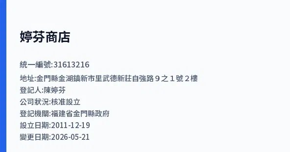 婷芬商店的照片-統編 31613216(金門縣) 公司登記資料與營業項目詳細圖表