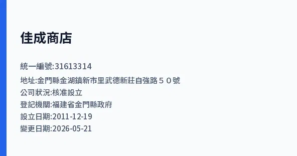 佳成商店的照片-統編 31613314(金門縣) 公司登記資料與營業項目詳細圖表