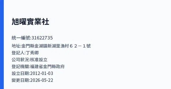 旭曜實業社的照片-統編 31622735(金門縣) 公司登記資料與營業項目詳細圖表