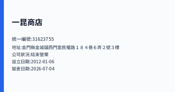 一昆商店的照片-統編 31623755(金門縣) 公司登記資料與營業項目詳細圖表