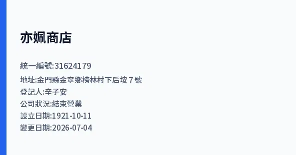 亦姵商店的照片-統編 31624179(金門縣) 公司登記資料與營業項目詳細圖表