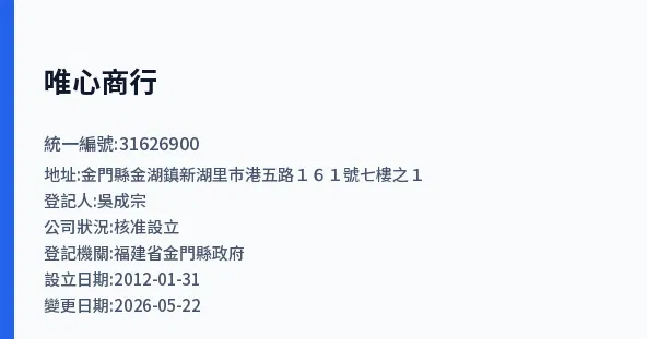 唯心商行的照片-統編 31626900(金門縣) 公司登記資料與營業項目詳細圖表