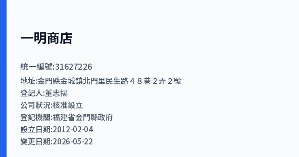 一明商店的照片-統編 31627226(金門縣) 公司登記資料與營業項目詳細圖表