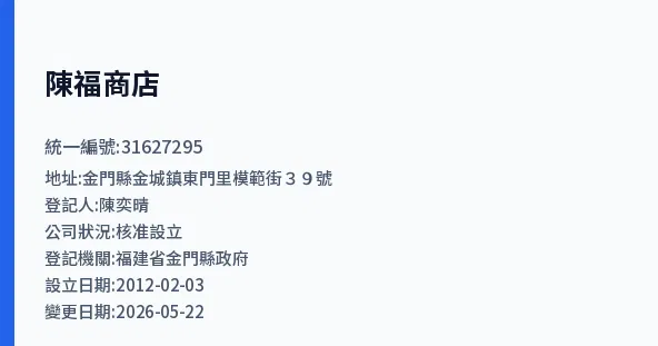 陳福商店的照片-統編 31627295(金門縣) 公司登記資料與營業項目詳細圖表