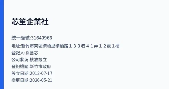 芯笙企業社的照片-統編 31640966(新竹市) 公司登記資料與營業項目詳細圖表