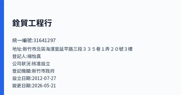 銓貿工程行的照片-統編 31641297(新竹市) 公司登記資料與營業項目詳細圖表