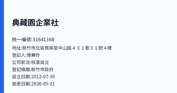 典藏園企業社的照片-統編 31641368(新竹市) 公司登記資料與營業項目詳細圖表
