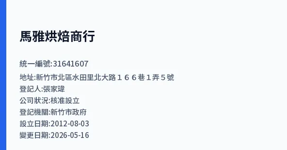 馬雅烘焙商行的照片-統編 31641607(新竹市) 公司登記資料與營業項目詳細圖表