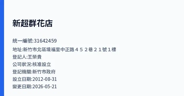 新超群花店的照片-統編 31642459(新竹市) 公司登記資料與營業項目詳細圖表