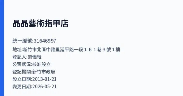 晶晶藝術指甲店的照片-統編 31646997(新竹市) 公司登記資料與營業項目詳細圖表