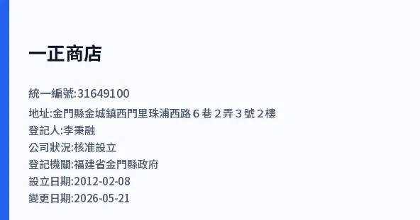 一正商店的照片-統編 31649100(金門縣) 公司登記資料與營業項目詳細圖表