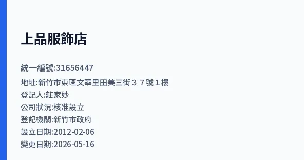 上品服飾店的照片-統編 31656447(新竹市) 公司登記資料與營業項目詳細圖表