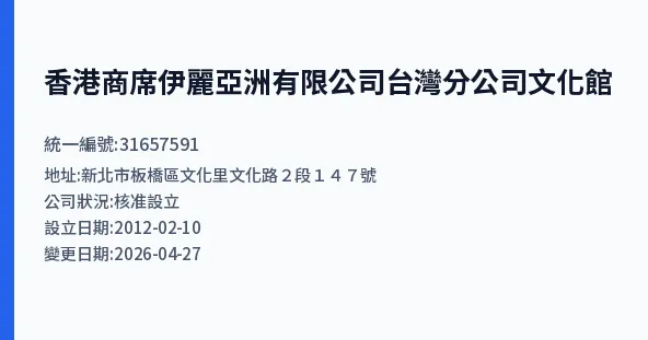 香港商席伊麗亞洲有限公司台灣分公司文化館的照片-統編 31657591(新北市) 公司登記資料與營業項目詳細圖表
