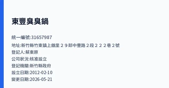 東豐臭臭鍋的照片-統編 31657987(新竹縣) 公司登記資料與營業項目詳細圖表