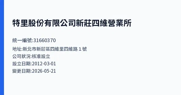 特里股份有限公司新莊四維營業所的照片-統編 31660370(新北市) 公司登記資料與營業項目詳細圖表