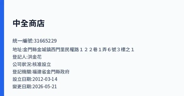 中全商店的照片-統編 31665229(金門縣) 公司登記資料與營業項目詳細圖表
