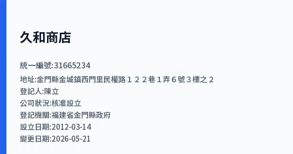 久和商店的照片-統編 31665234(金門縣) 公司登記資料與營業項目詳細圖表