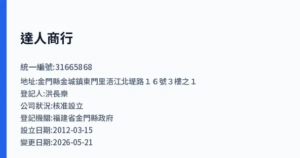 達人商行的照片-統編 31665868(金門縣) 公司登記資料與營業項目詳細圖表