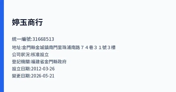 婷玉商行的照片-統編 31668513(金門縣) 公司登記資料與營業項目詳細圖表