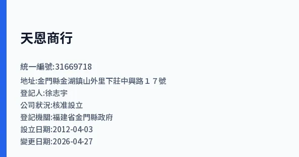 天恩商行的照片-統編 31669718(金門縣) 公司登記資料與營業項目詳細圖表