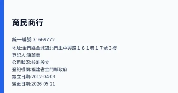 育民商行的照片-統編 31669772(金門縣) 公司登記資料與營業項目詳細圖表