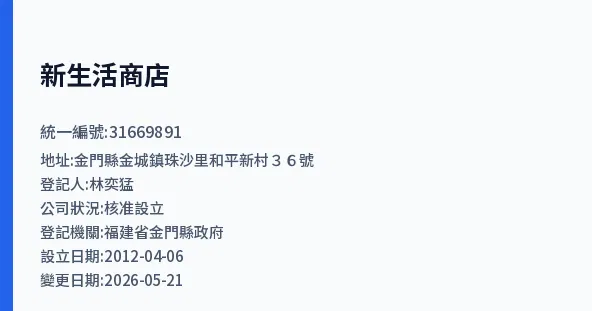 新生活商店的照片-統編 31669891(金門縣) 公司登記資料與營業項目詳細圖表