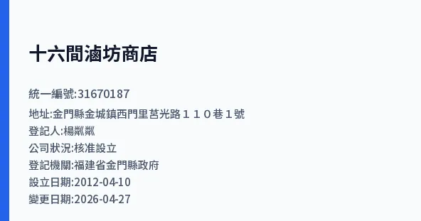 十六間滷坊商店的照片-統編 31670187(金門縣) 公司登記資料與營業項目詳細圖表