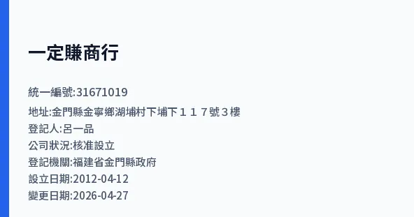 一定賺商行的照片-統編 31671019(金門縣) 公司登記資料與營業項目詳細圖表