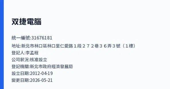 双捷電腦的照片-統編 31676181(新北市) 公司登記資料與營業項目詳細圖表
