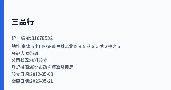 三品行的照片-統編 31678532(臺北市) 公司登記資料與營業項目詳細圖表