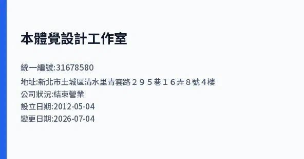本體覺設計工作室的照片-統編 31678580(新北市) 公司登記資料與營業項目詳細圖表