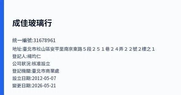 成佳玻璃行的照片-統編 31678961(臺北市) 公司登記資料與營業項目詳細圖表