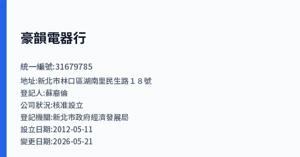 豪韻電器行的照片-統編 31679785(新北市) 公司登記資料與營業項目詳細圖表