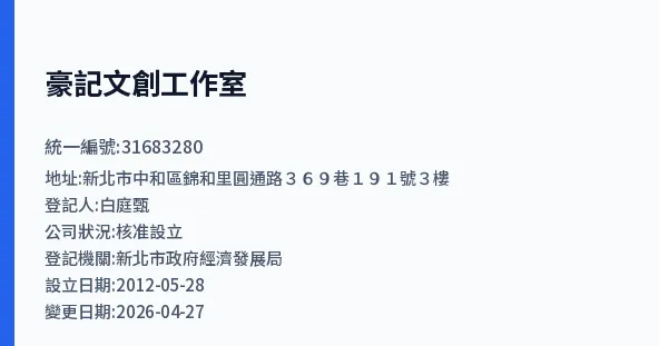 豪記文創工作室的照片-統編 31683280(新北市) 公司登記資料與營業項目詳細圖表