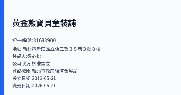 黃金熊寶貝童裝舖的照片-統編 31683900(新北市) 公司登記資料與營業項目詳細圖表