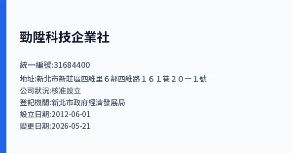 勁陞科技企業社的照片-統編 31684400(新北市) 公司登記資料與營業項目詳細圖表