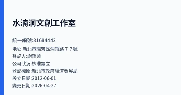 水湳洞文創工作室的照片-統編 31684443(新北市) 公司登記資料與營業項目詳細圖表