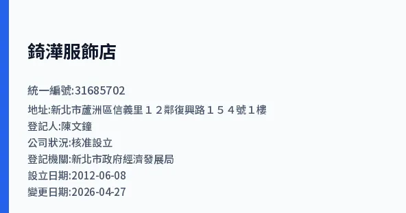 錡澕服飾店的照片-統編 31685702(新北市) 公司登記資料與營業項目詳細圖表